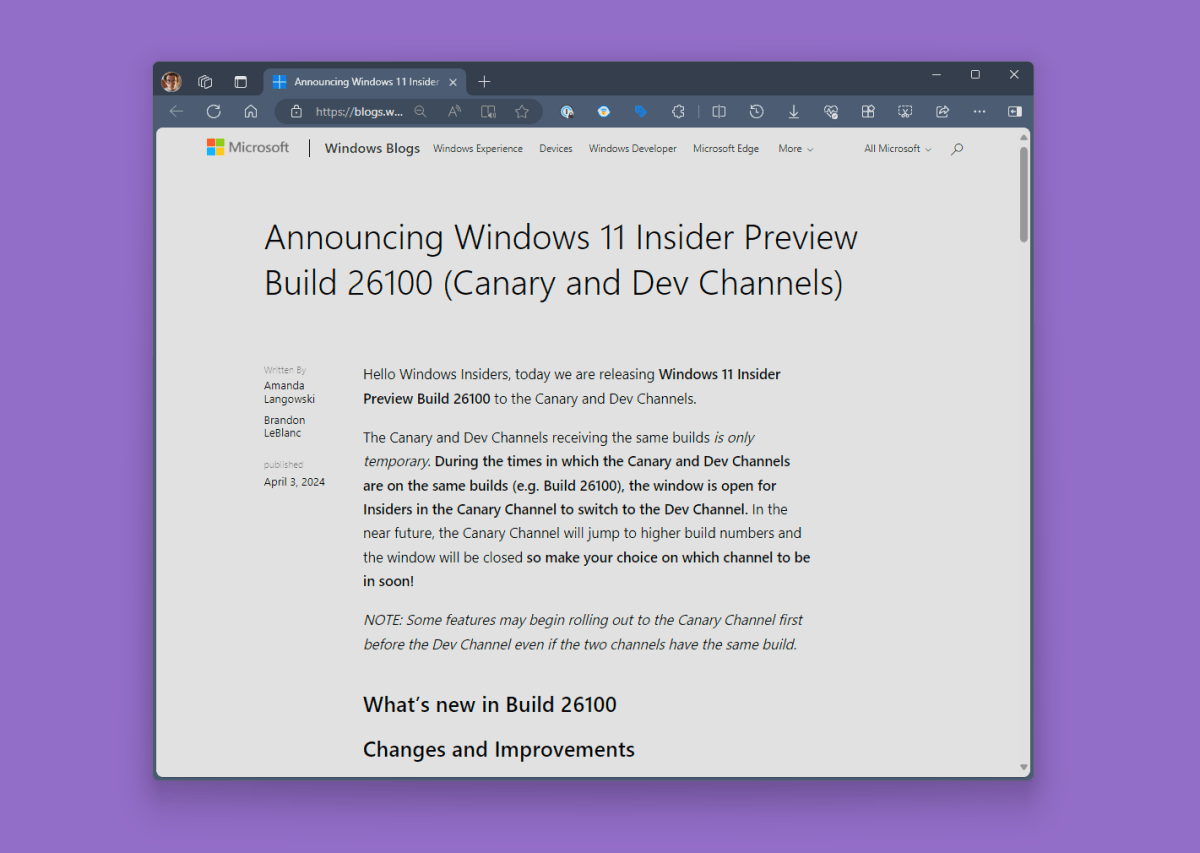 Microsoft announces release of Windows 11 Insider Preview Build 26100, offering a glimpse into ...